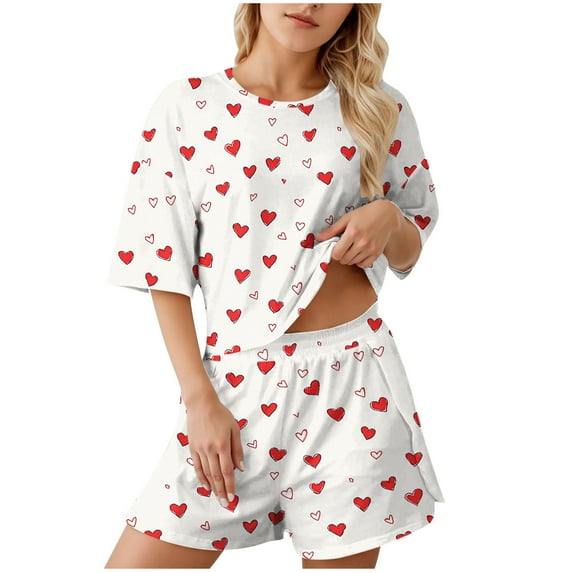 Annhoo Womens Valentine's Day Outfits 2 Piece Short Sleeve Cute Print ...