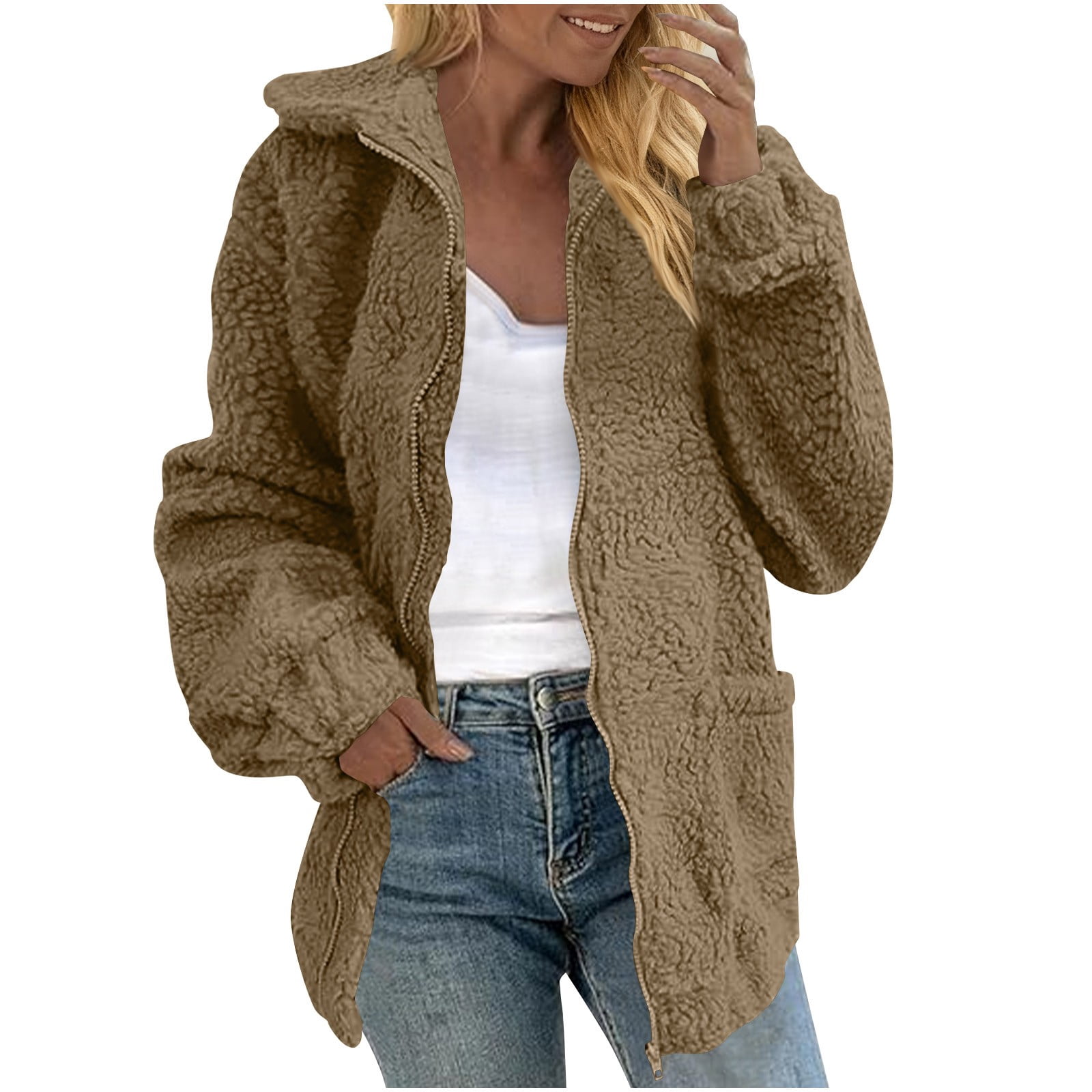 Annhoo Womens Zipper Fleece Jacket Comfy Long Sleeve Casual Fuzzy Coat ...