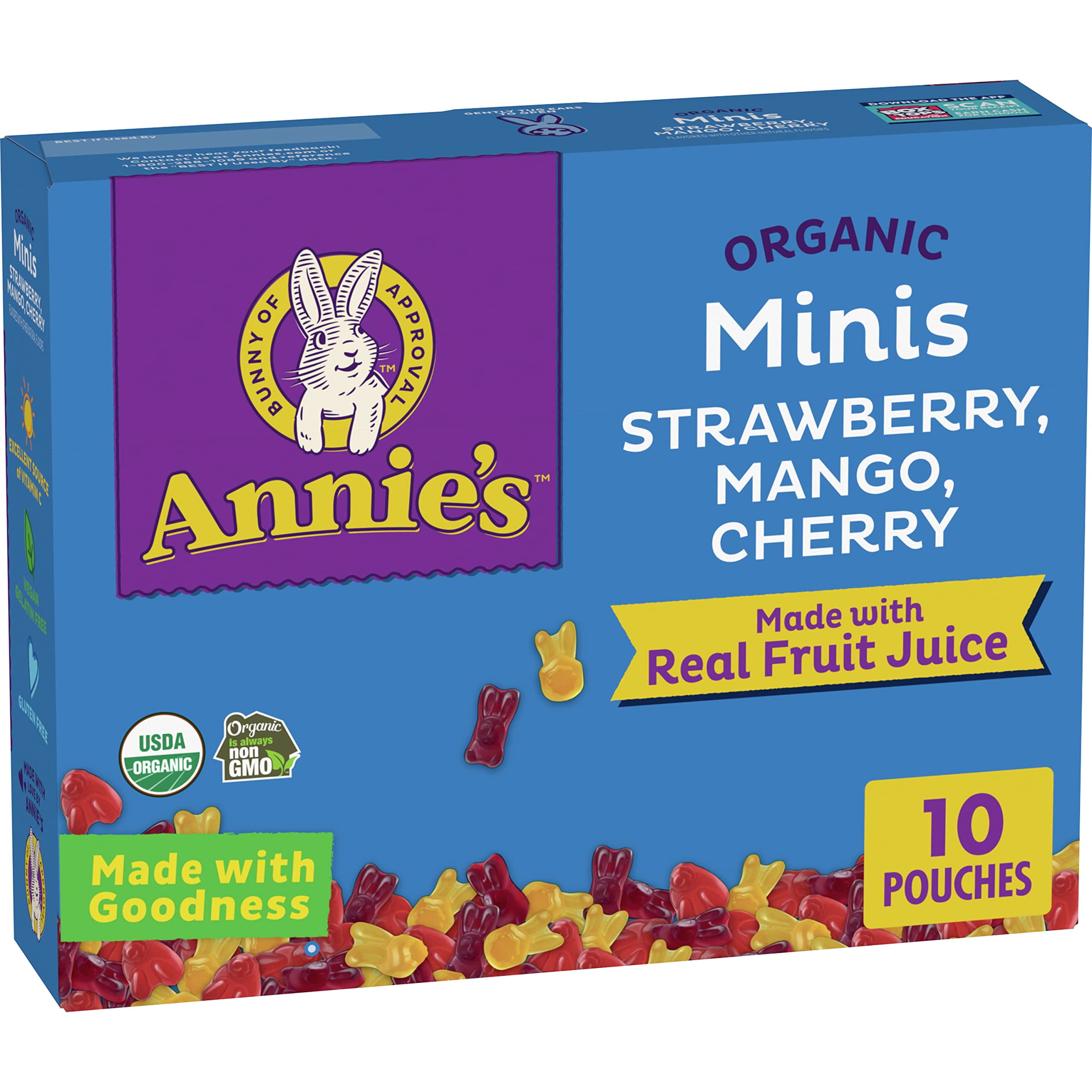 Annie's Organic Mini Bunny Fruit Snacks, Strawberry/Mango/Cherry ...