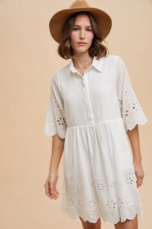 Annie Wear Embroidered Scallop Edge Detail Mini Shirt Dress - Walmart.com