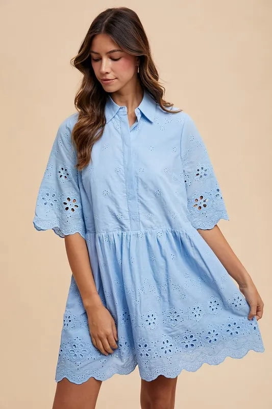 Annie Wear Embroidered Scallop Edge Detail Mini Shirt Dress - Walmart.com