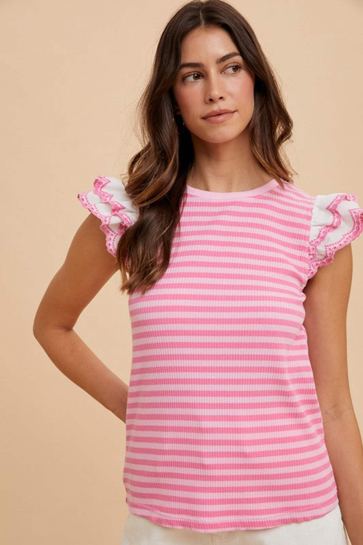 Annie Wear Pink Striped Ruffled Cap Sleeve Knit Top - Walmart.com