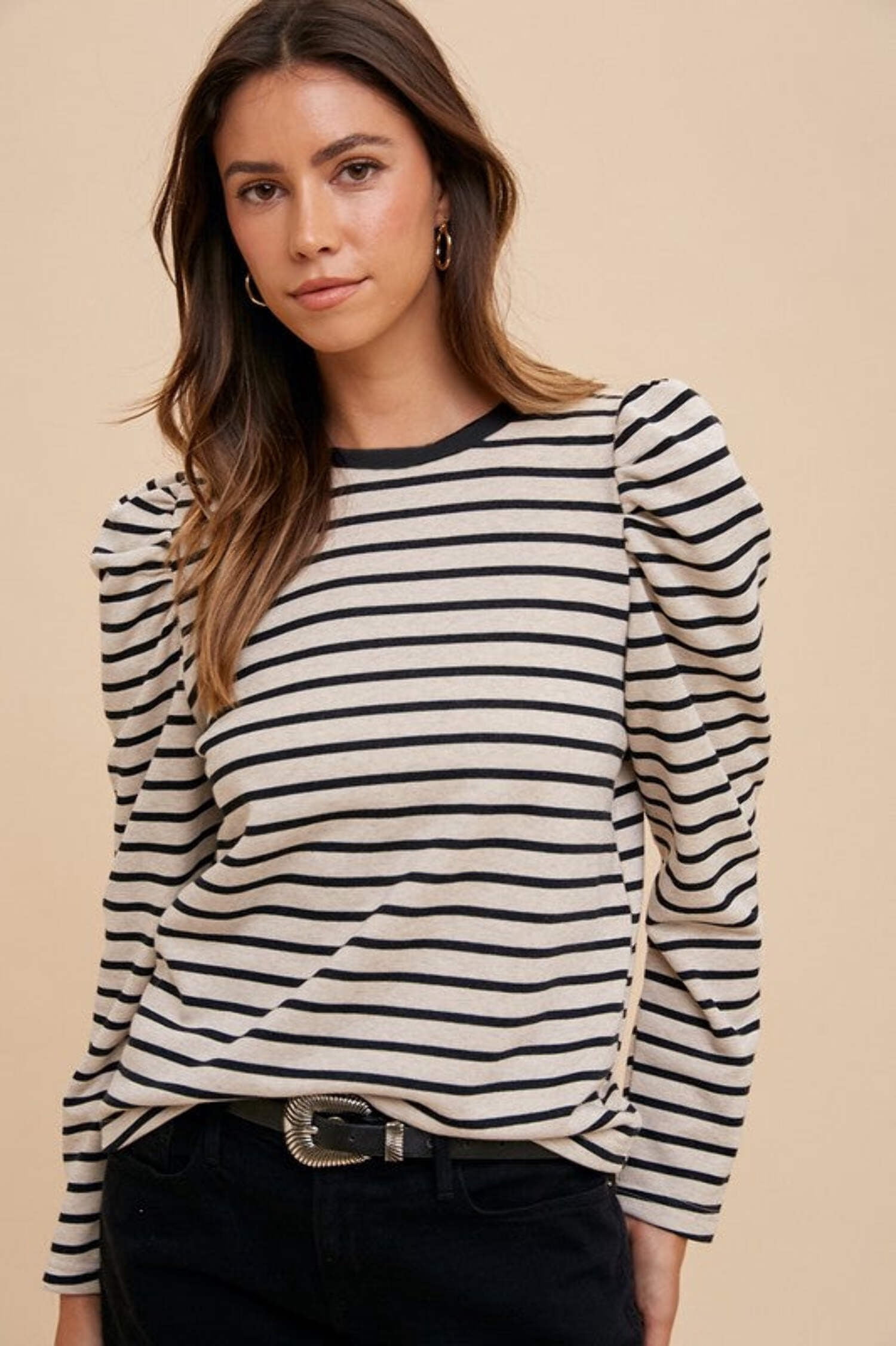 Annie Wear Striped Round Neck Puff Sleeve French Terry Top - Walmart.com