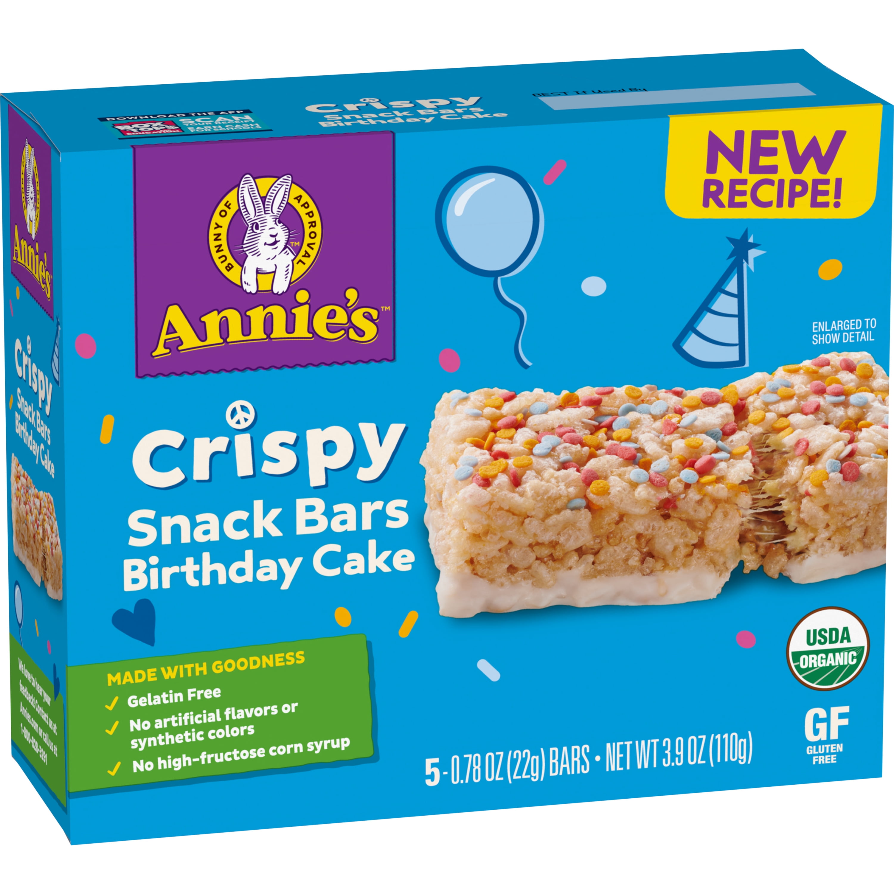 Annie's Birthday Cake Crispy Snack Bars, Gluten Free, 5 Bars, 3.9 oz ...