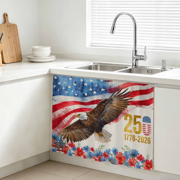 Anniversary Cabinet Curtains 28" W x 35" L, Bald Eagle US Flag Floral ...