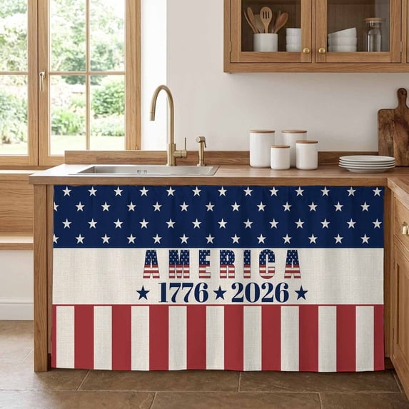 Anniversary Cabinet Curtains 32" W x 55" L, USA Flag Red Striped Blue ...