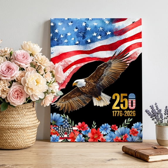 Anniversary Canvas Wall Art for Living Room, Bald Eagle US Flag Floral ...