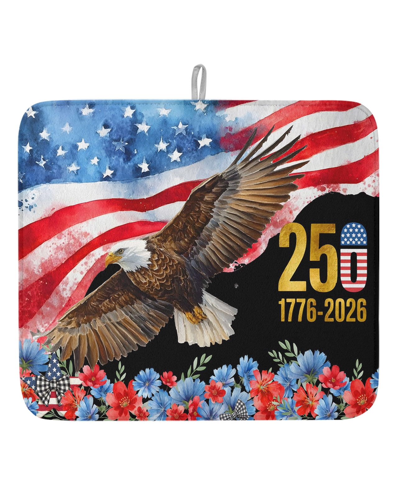 Anniversary Dish Drying Mat 16x18 inch Bald Eagle US Flag Floral Black ...