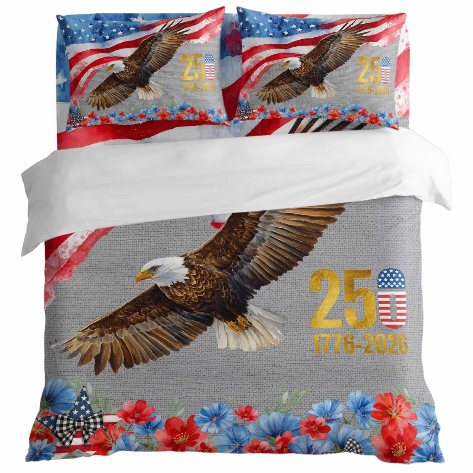 Anniversary Duvet Cover Set King Size, Bald Eagle US Flag Floral Gray ...
