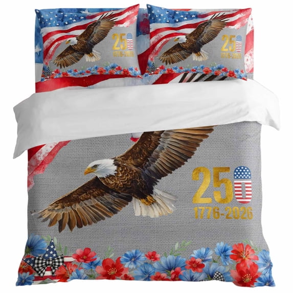 Anniversary Duvet Cover Set King Size, Bald Eagle US Flag Floral Gray ...
