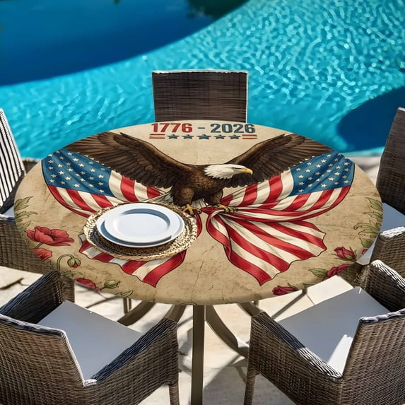 Anniversary Patriotic Eagle Round Fitted Tablecloth with Elastic Edge ...