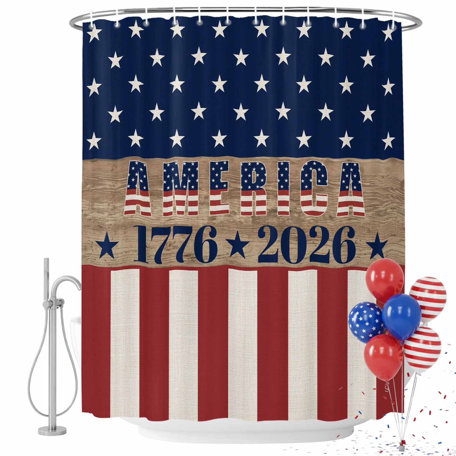 Anniversary Shower Curtain for Bathroom, USA Flag Red Striped Blue Star ...