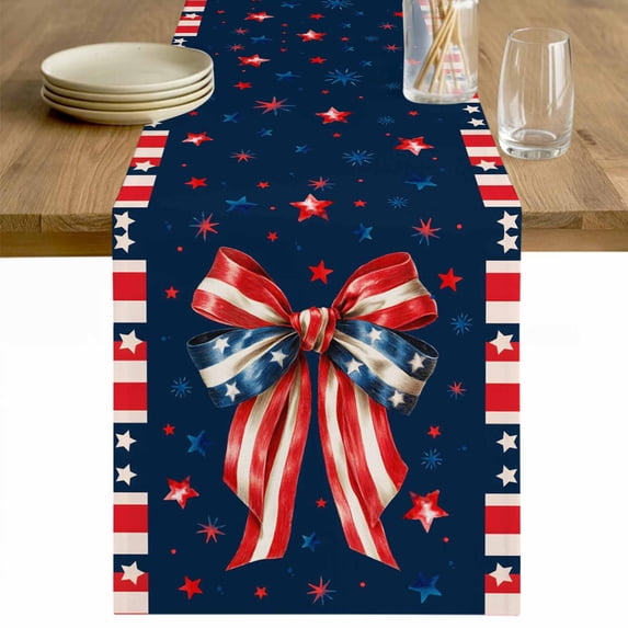 Anniversary Table Runner - 90 Inch Long America Freedom Bow Ribbon Navy ...