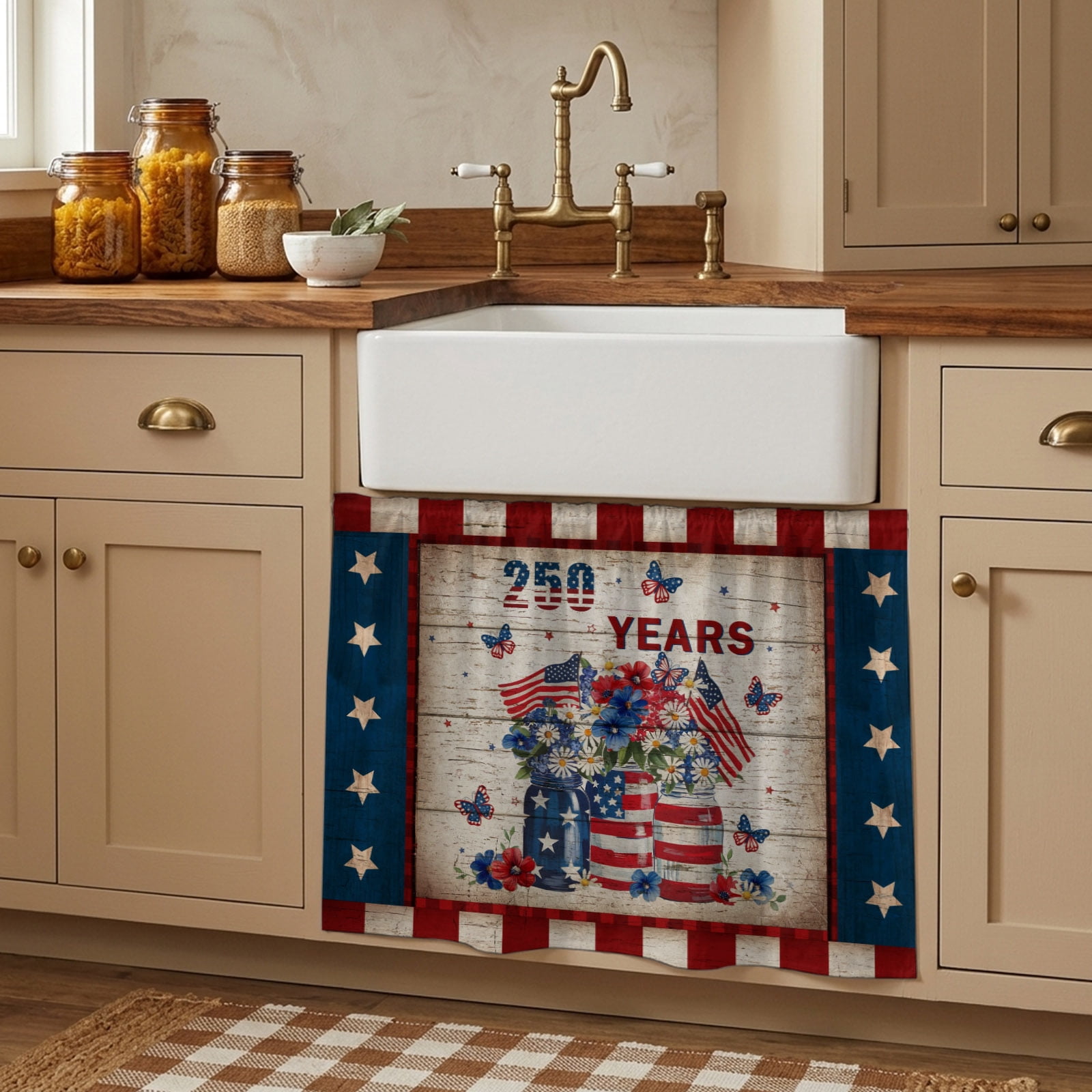 Anniversary USA Flag Cabinet Curtains 28"W x 35L, Vintage Floral ...