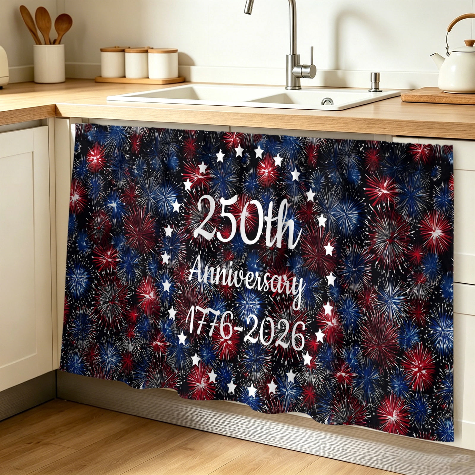 Anniversary USA Flag Cabinet Curtains for Shelves, Blue Red Fireworks ...