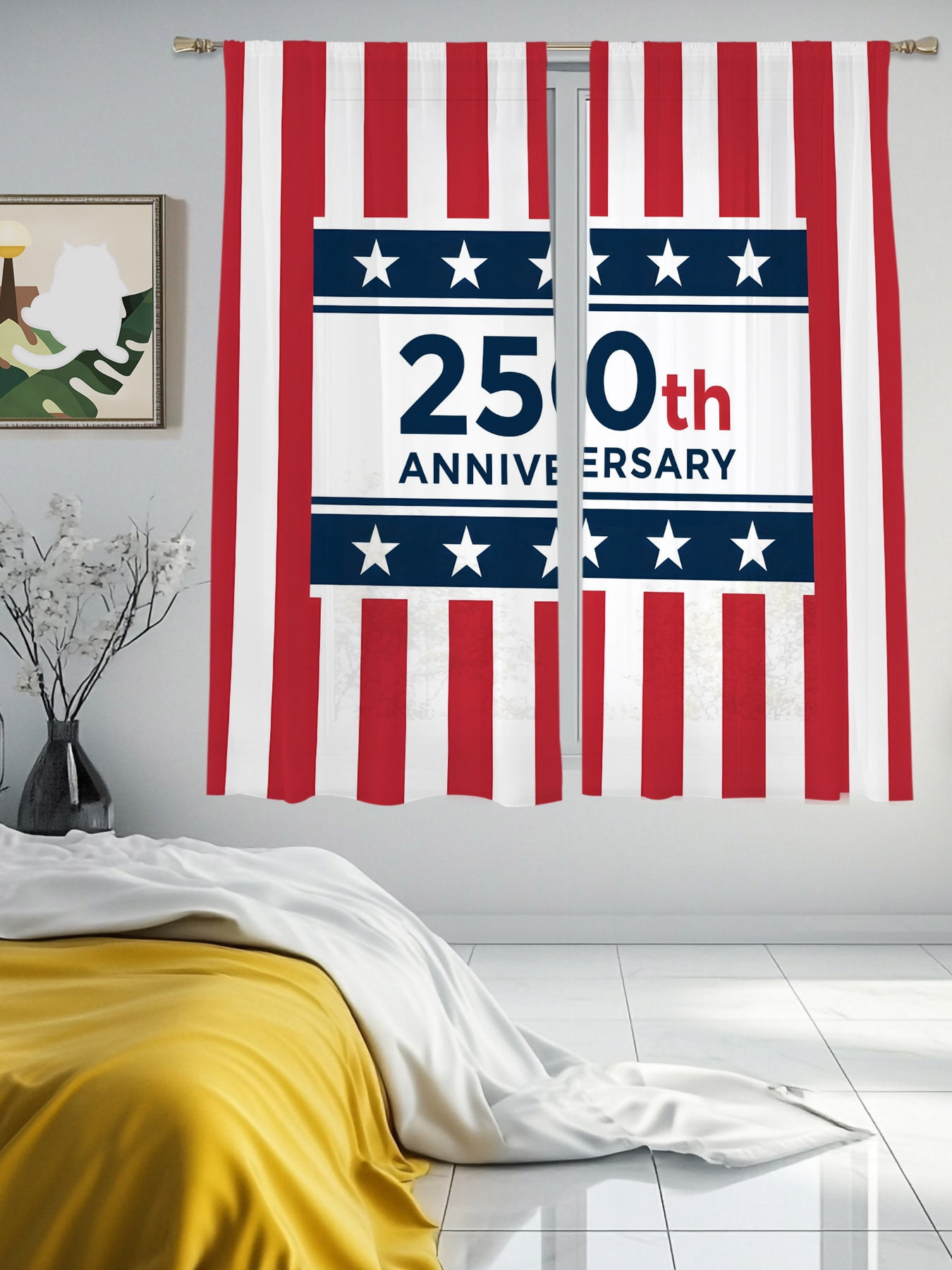 Anniversary USA Flag Chiffon Sheer Curtains 63 Inches Long Independence ...