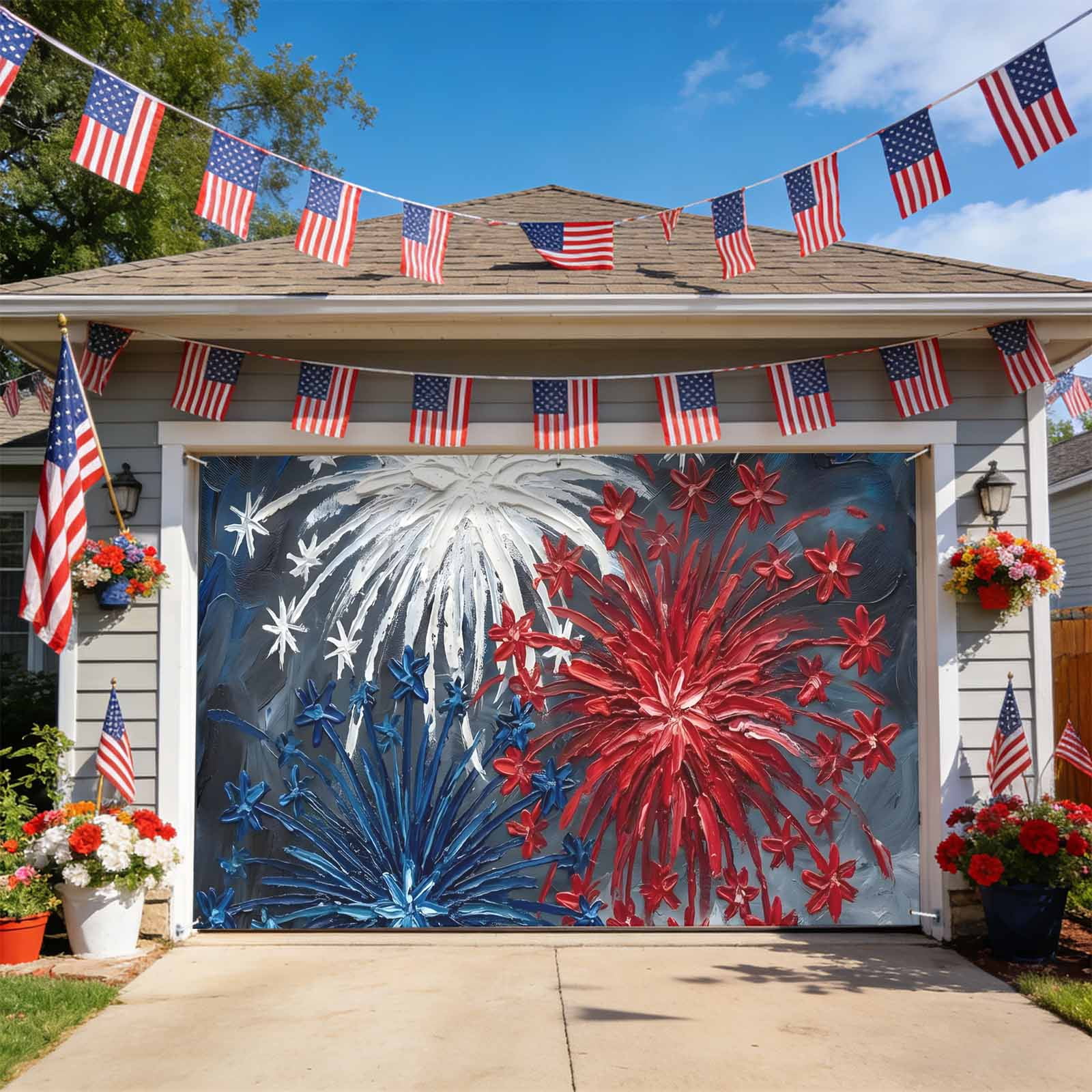 Anniversary USA Flag Garage Door Cover, American Blue Red Fireworks ...