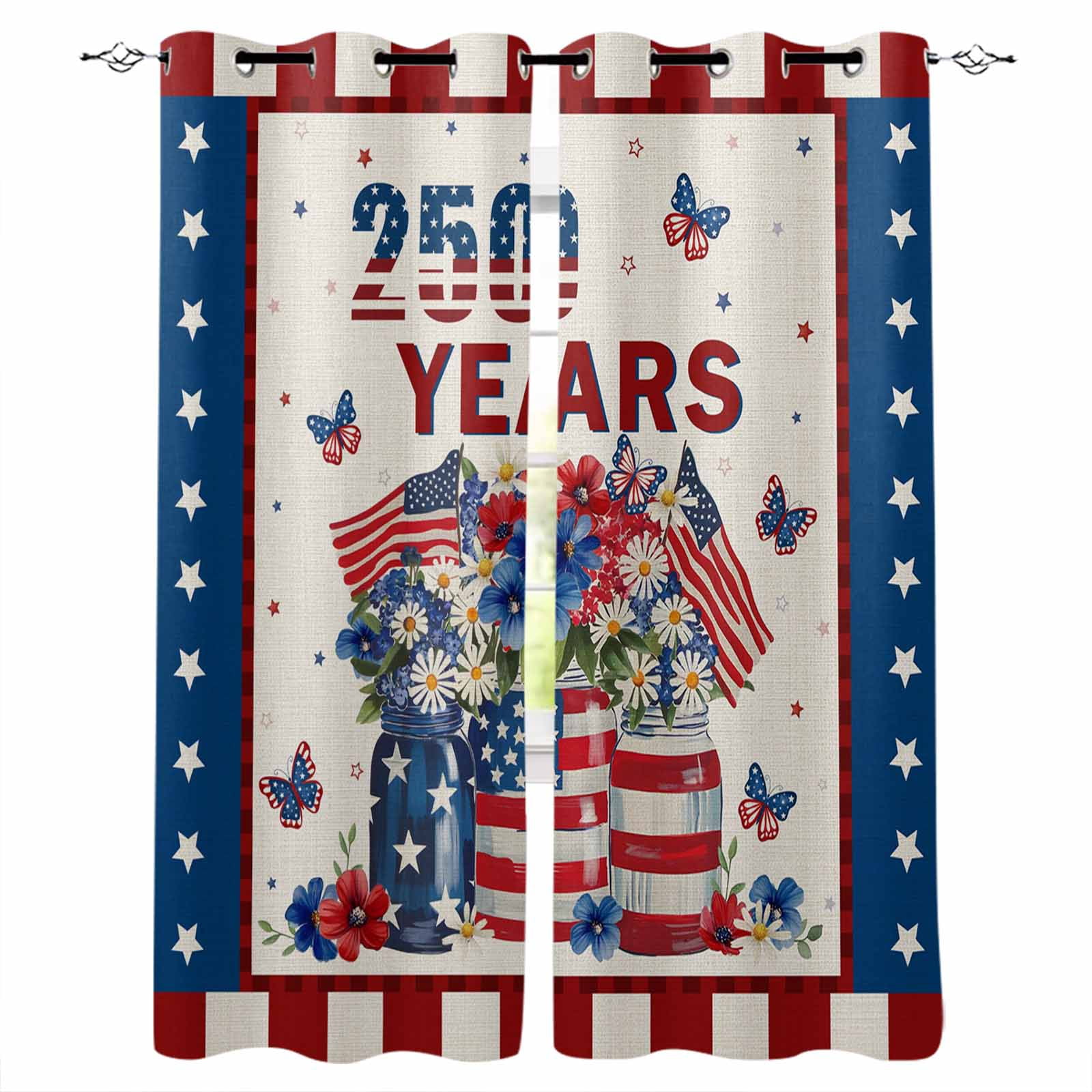 Anniversary USA Flag Kitchen Curtains Vintage Floral Butterfly Rustic ...