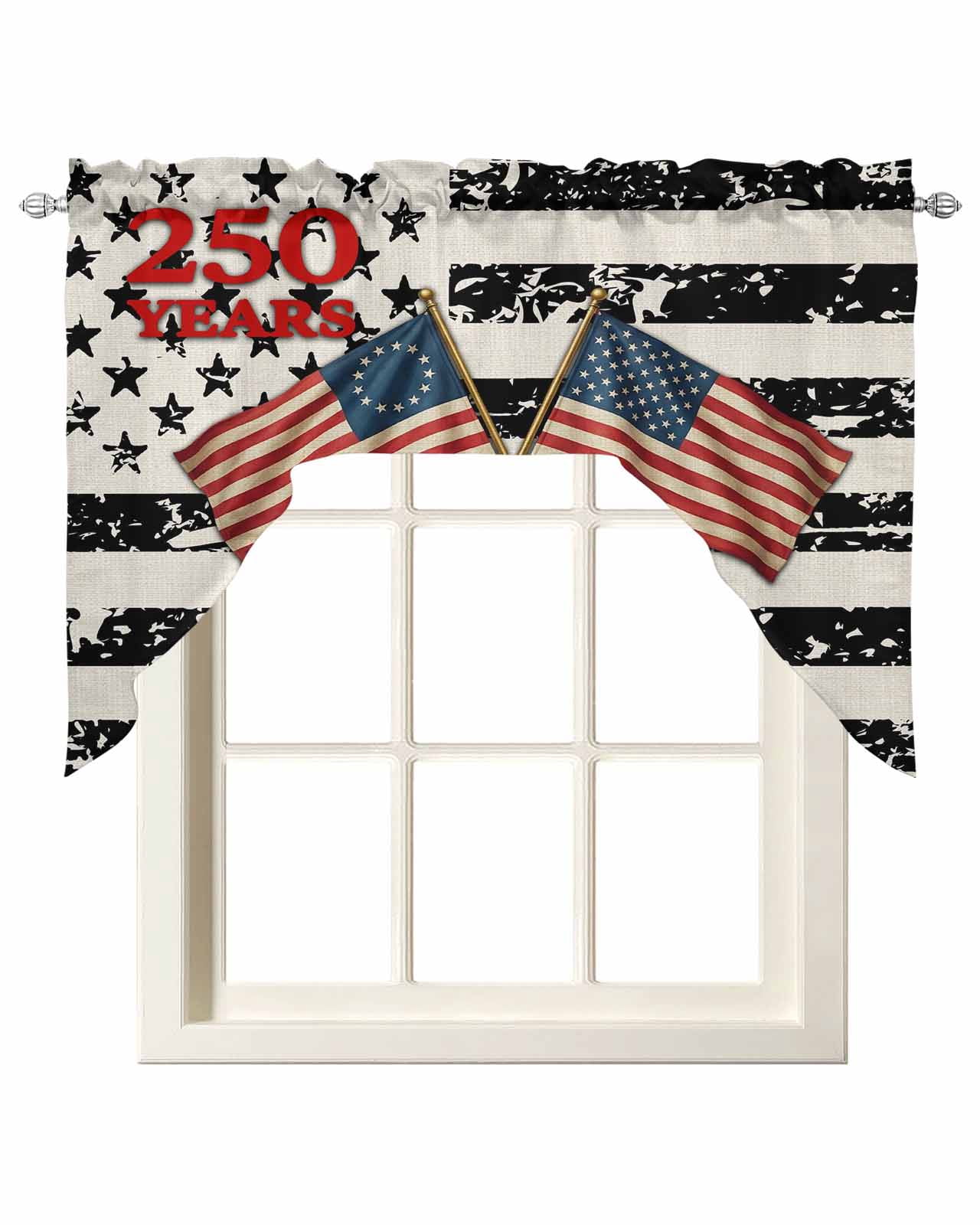 Anniversary USA Flag Kitchen Swag Valances for Windows, Retro Black ...