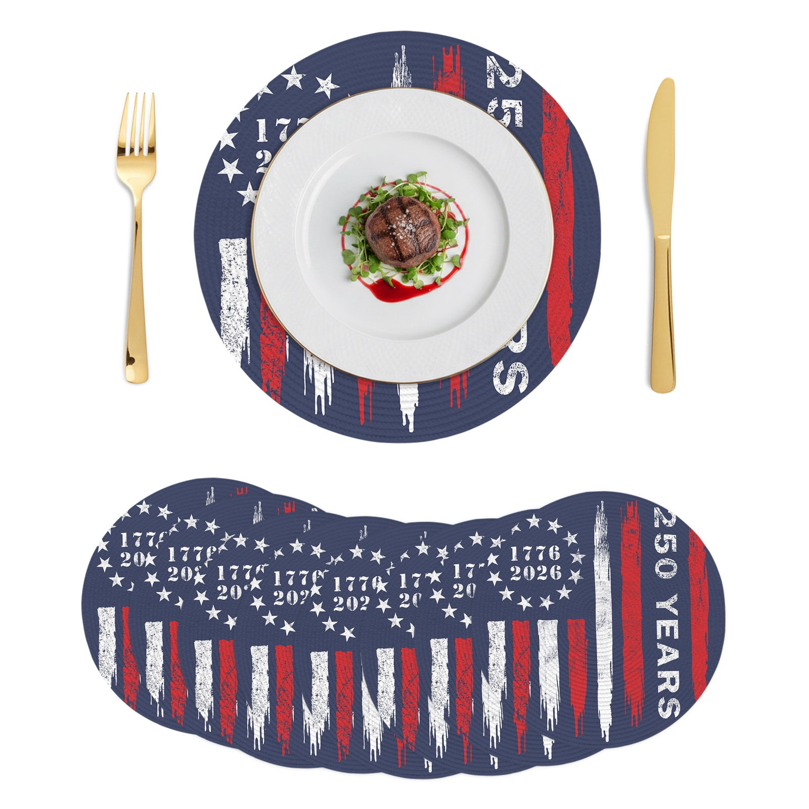 Anniversary USA Flag Round Placemats Set of 8 American Flag Blue Red ...