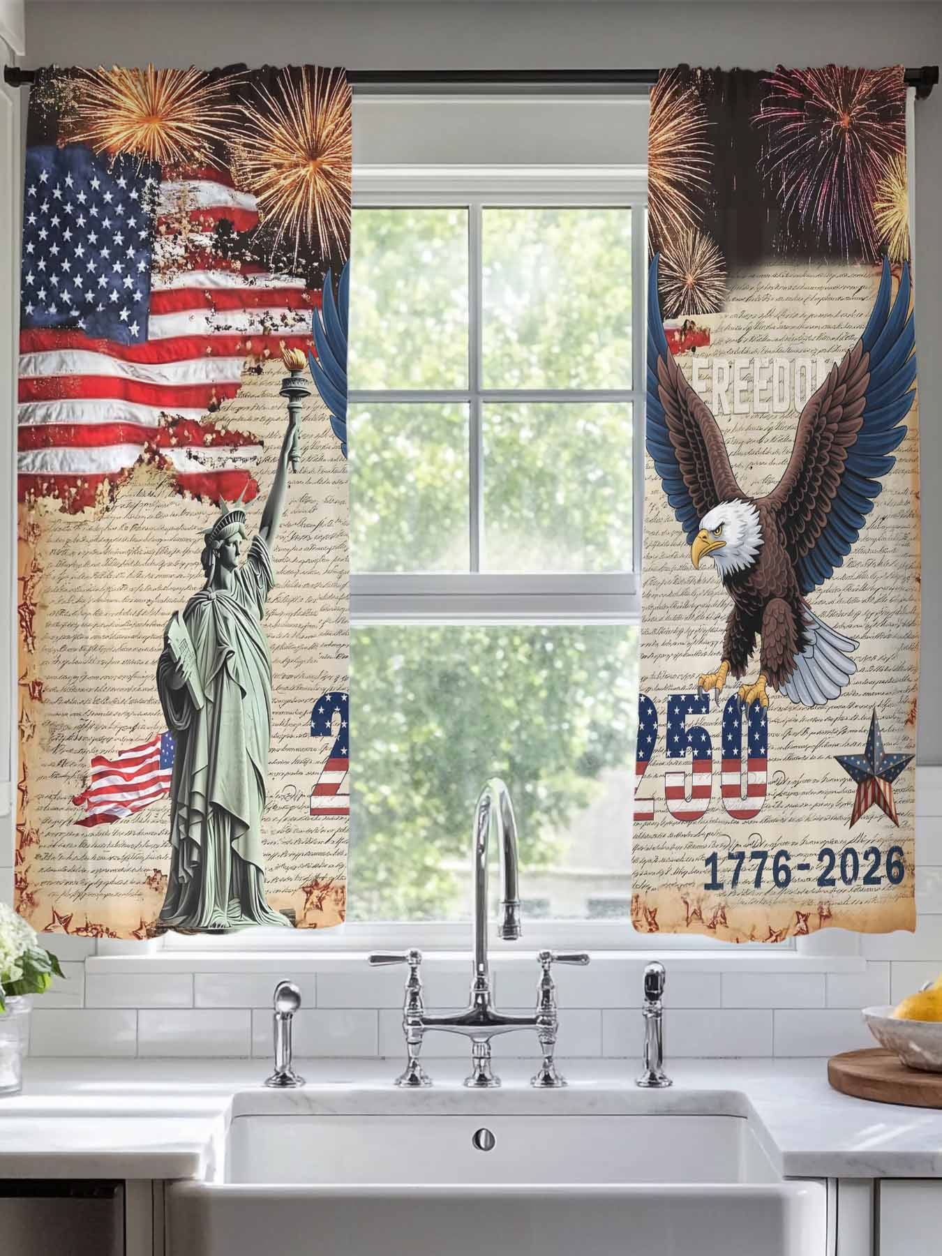 Anniversary USA Flag Sheer Curtains 2 Panels Set, Bald Eagle Statue of ...