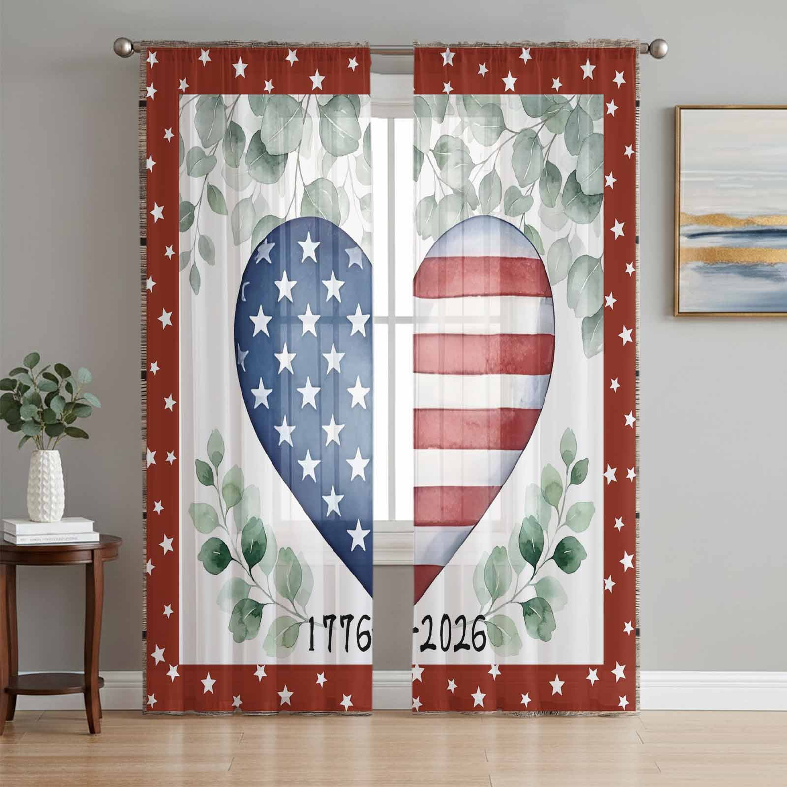 Anniversary USA Flag Sheer Curtains 63 Inch Length 2 Panels Set ...