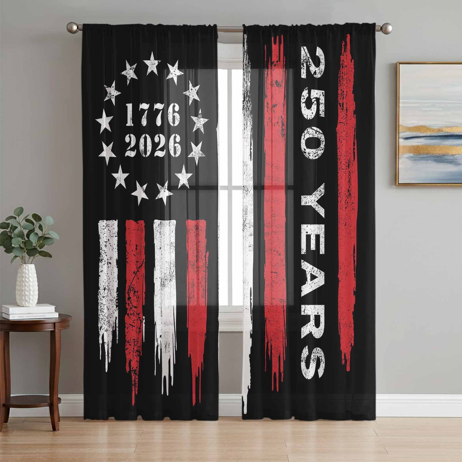 Anniversary USA Flag Sheer Curtains 84 Inch Length 2 Panels Set ...