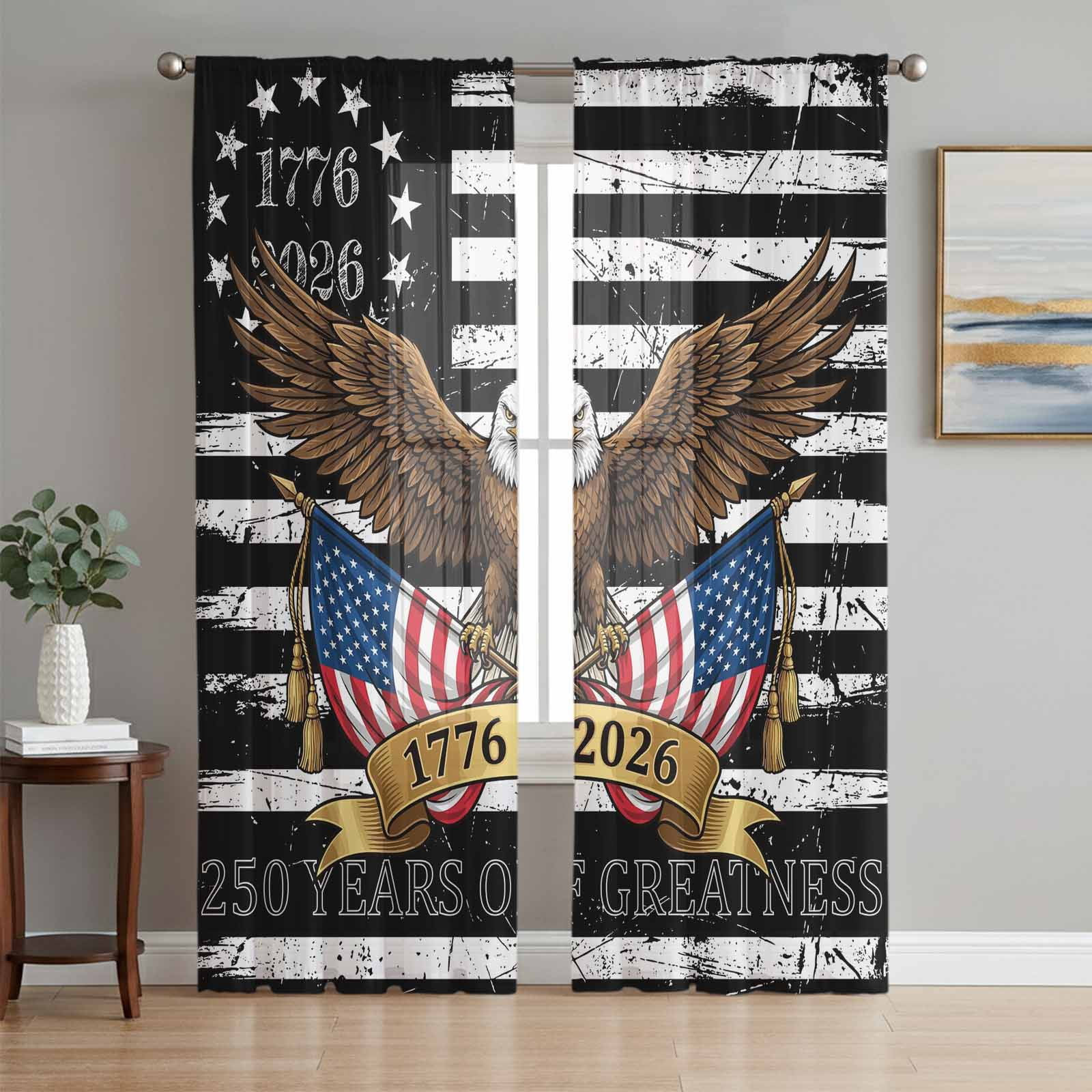 Anniversary USA Flag Sheer Curtains for Living Room Bedroom Black ...
