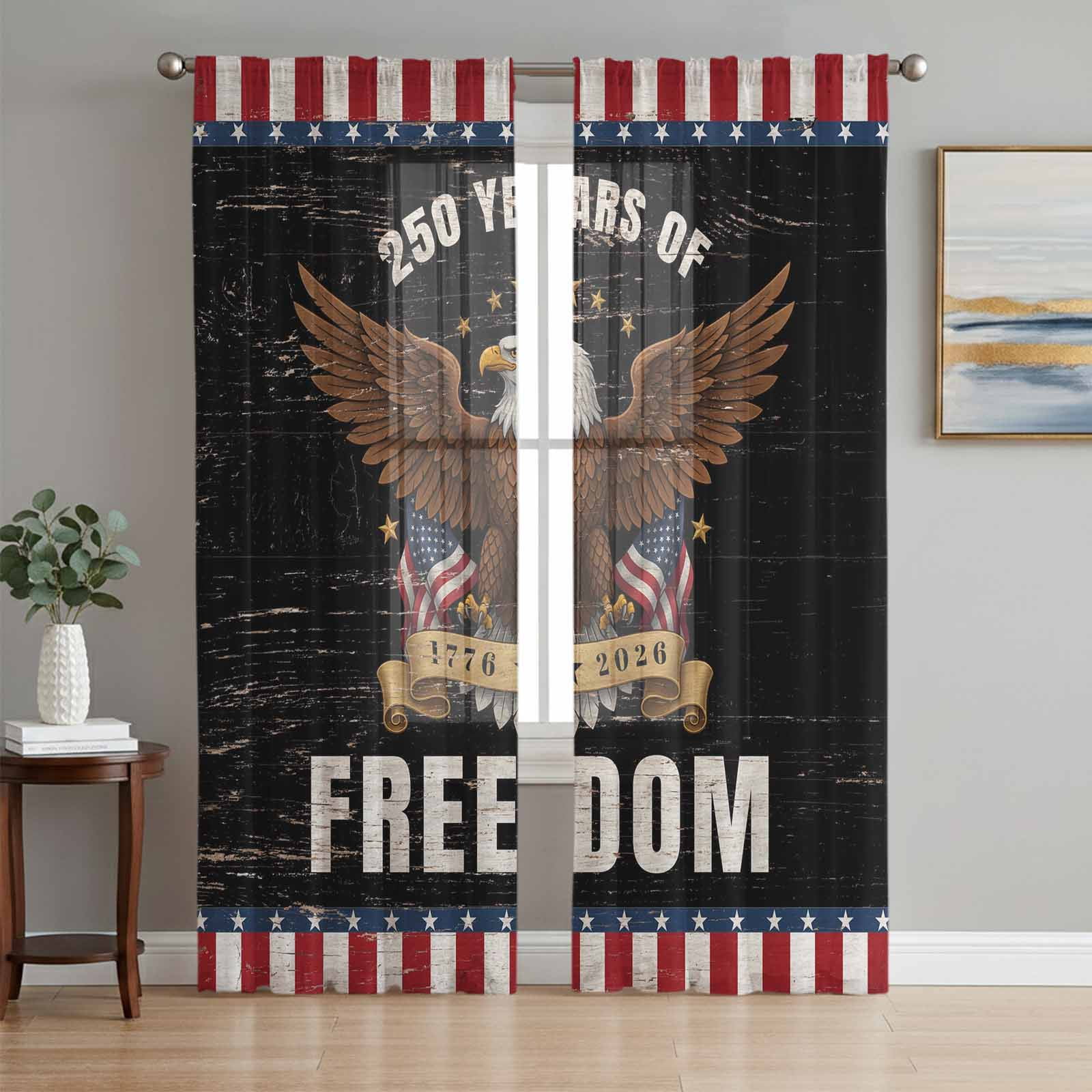 Anniversary USA Flag Sheer Curtains for Living Room Bedroom Black Eagle ...
