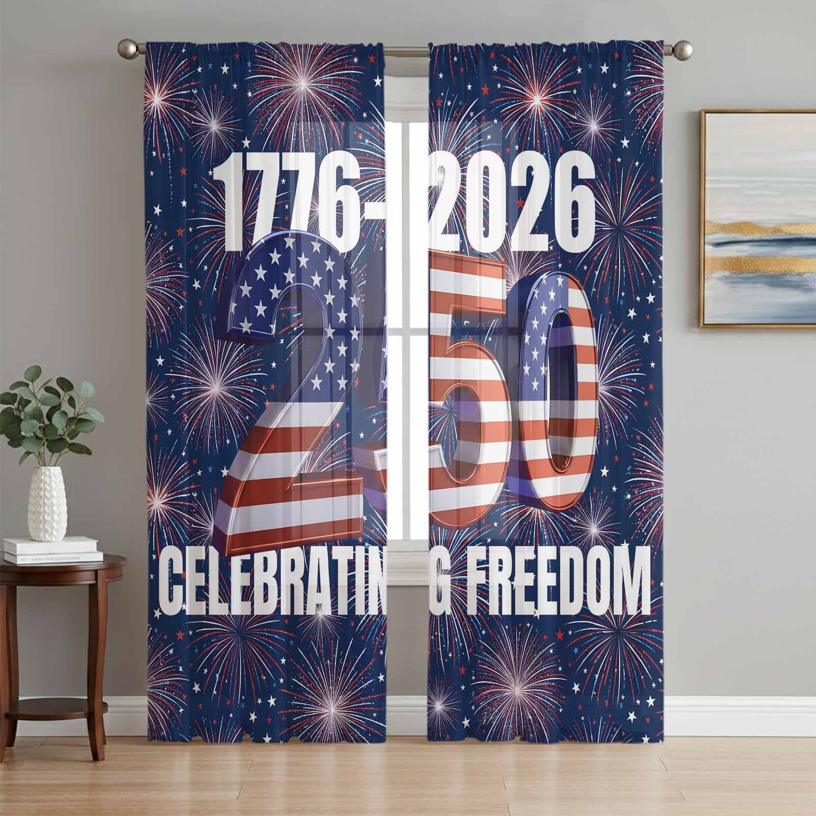 Anniversary USA Flag Sheer Curtains for Living Room Bedroom Blue ...