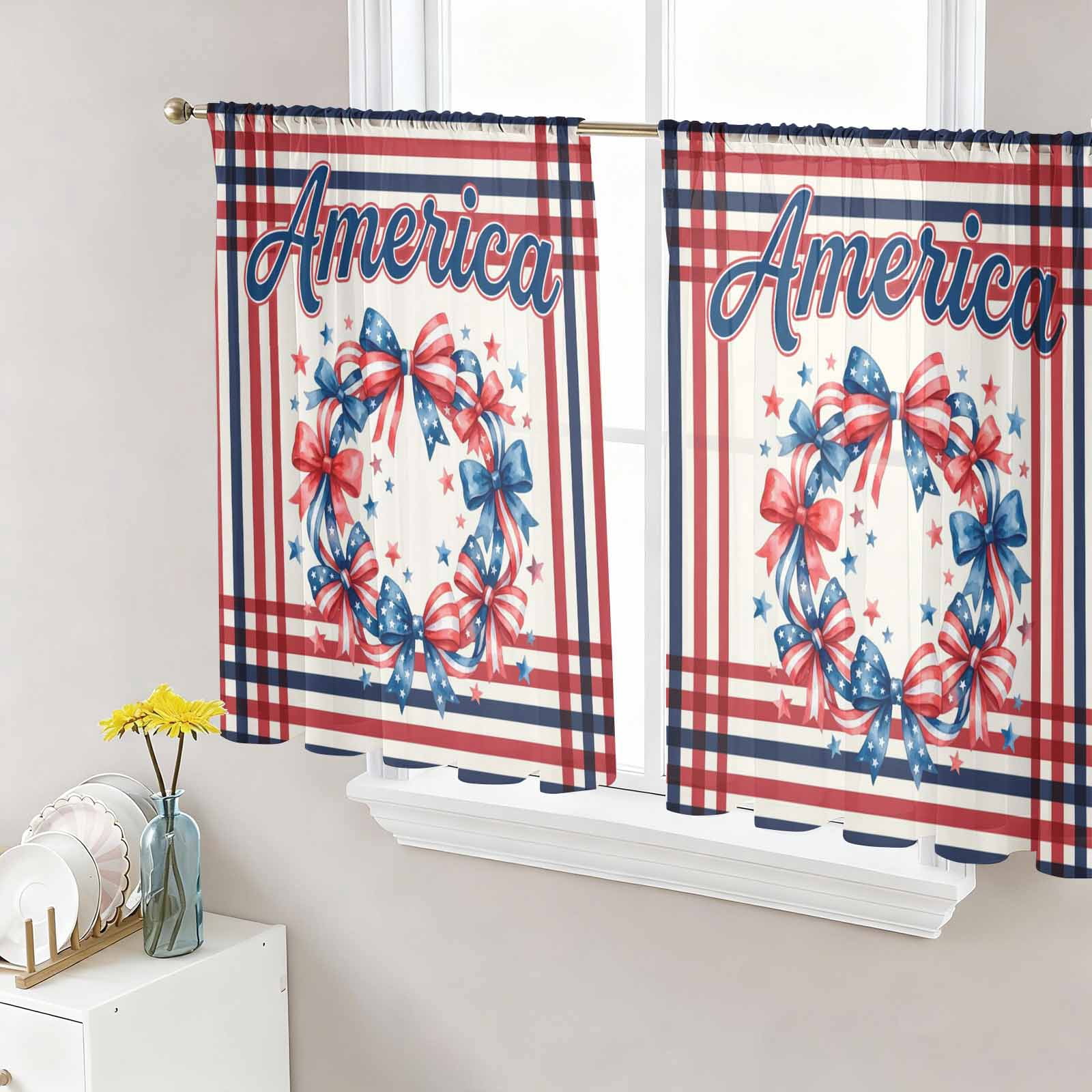 Anniversary USA Flag Sheer Curtains for Living Room Bedroom Blue Red ...