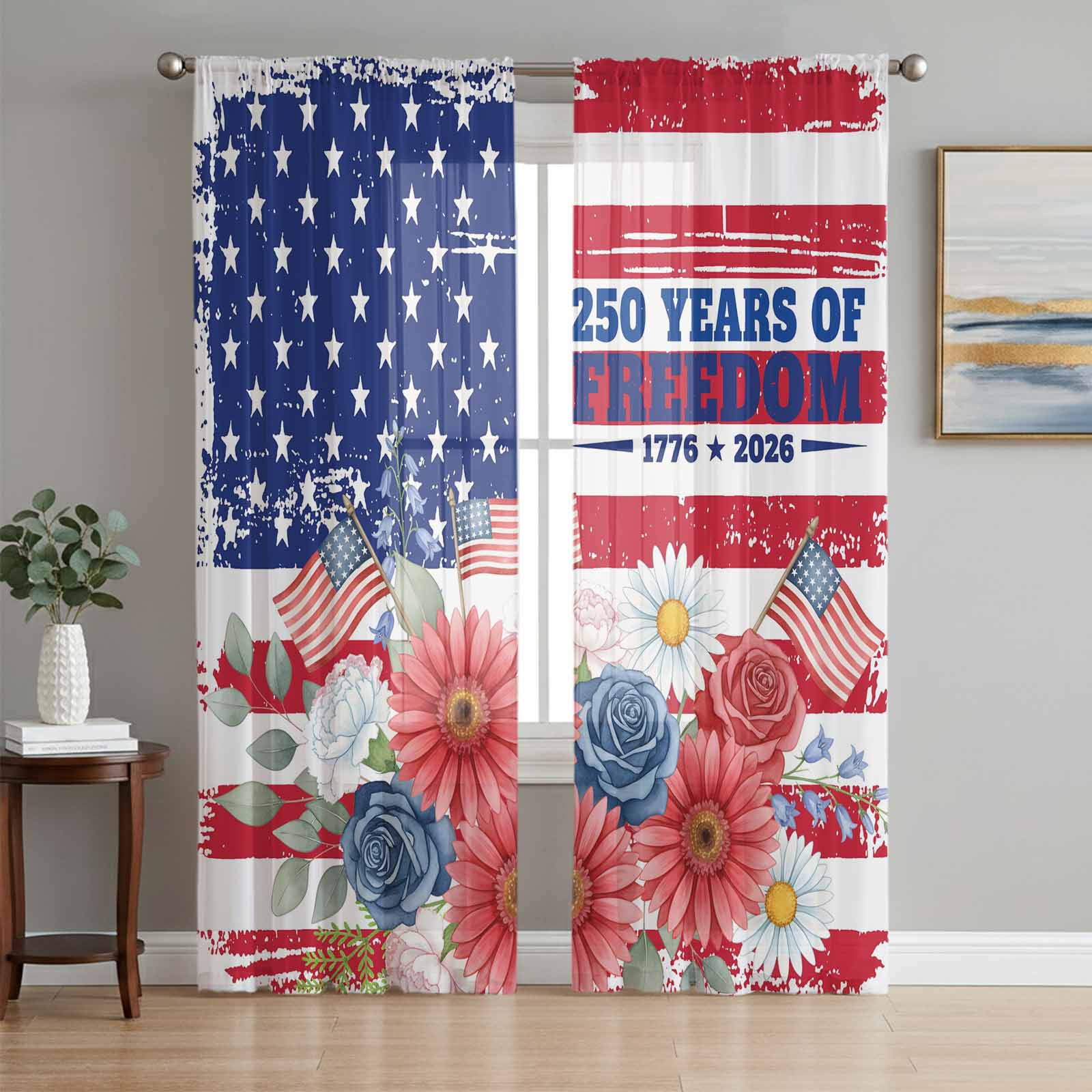 Anniversary USA Flag Sheer Curtains for Living Room Bedroom Daisy ...