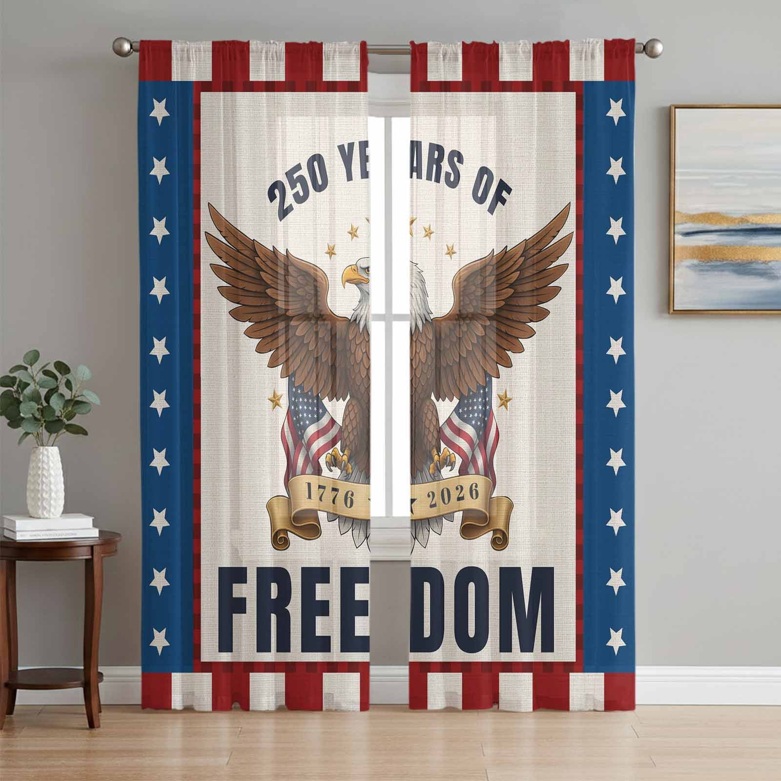 Anniversary USA Flag Sheer Curtains for Living Room Bedroom Eagle Blue ...