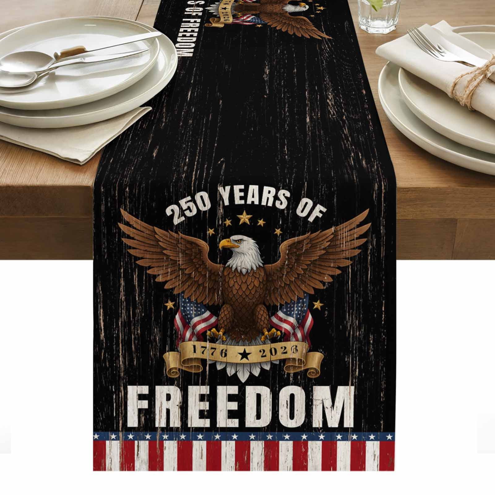 Anniversary USA Flag Table Runner Black Eagle Red Striped Retro ...