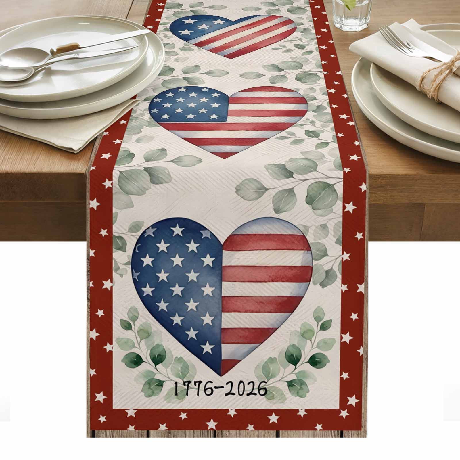 Anniversary USA Flag Table Runner Blue Red American Love Heart ...