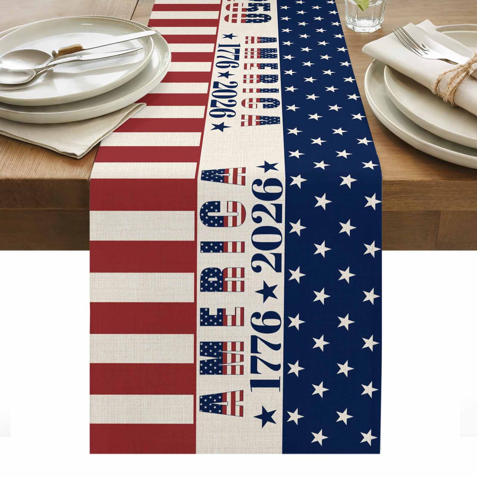 Anniversary USA Flag Table Runner Red Striped Blue Star America ...
