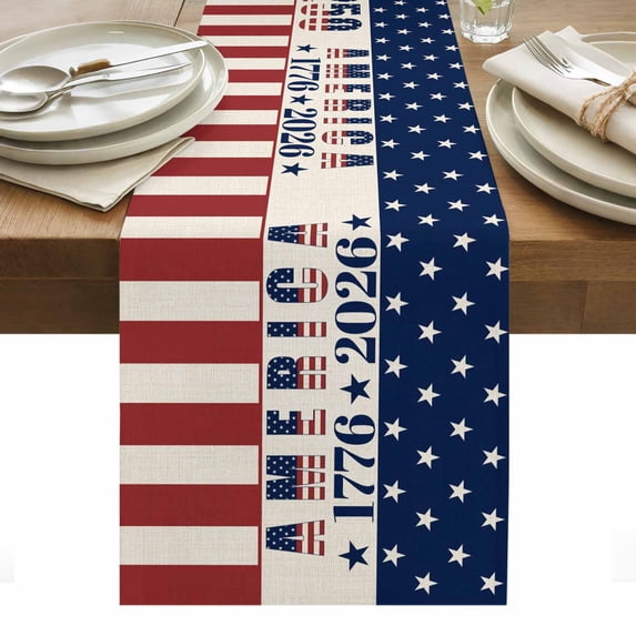 Anniversary USA Flag Table Runner Red Striped Blue Star America ...
