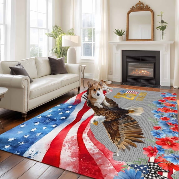Anniversary Washable Area Rug 5x7 Bald Eagle US Flag Floral Gray ...