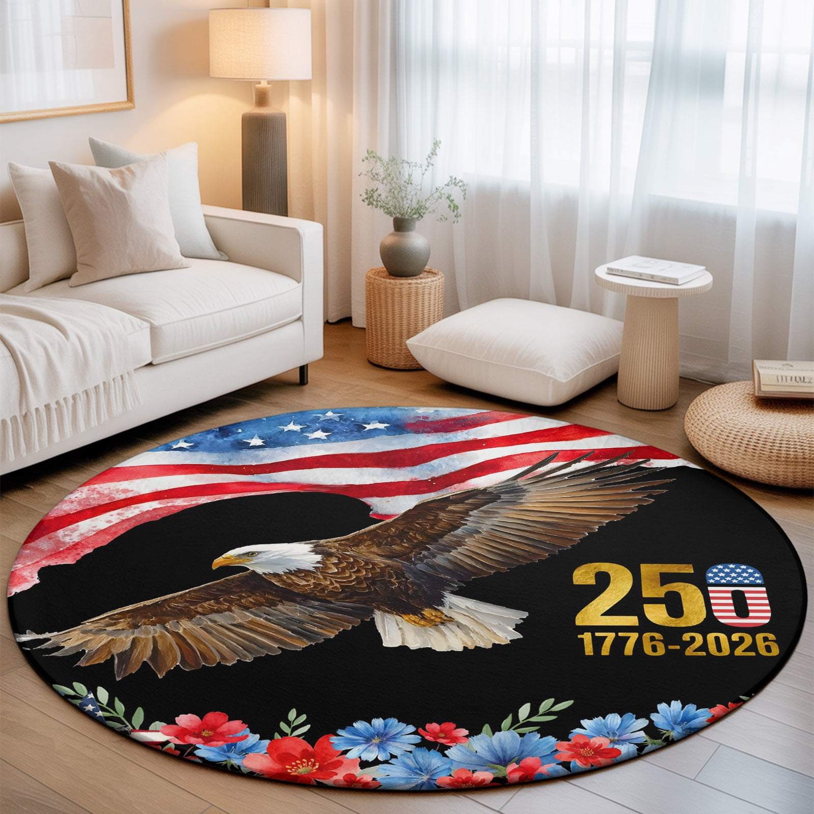 Anniversary Washable Round Area Rug 3 ft, Bald Eagle US Flag Floral ...
