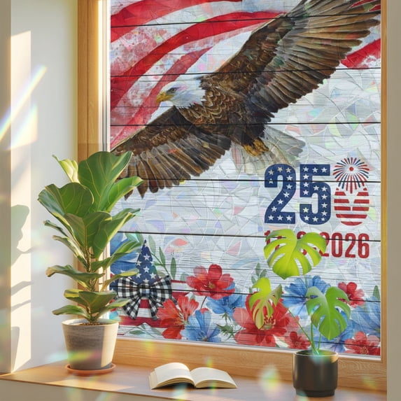 Anniversary Window Privacy Film, Bald Eagle US Flag Floral Wood Grain ...