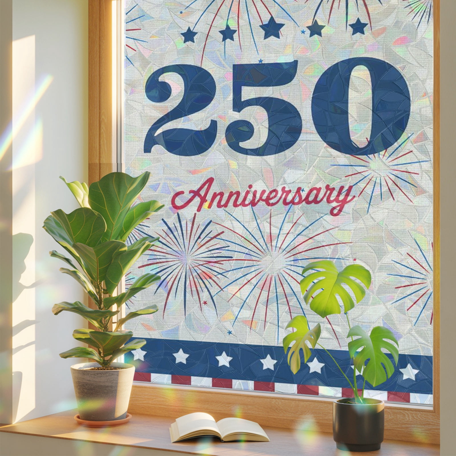 Anniversary Window Privacy Film Rainbow Static Cling Stain Glass Window ...