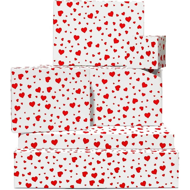 Anniversary Wrapping Paper - 6 Sheets of Love Heart Gift Wrap - Red and ...
