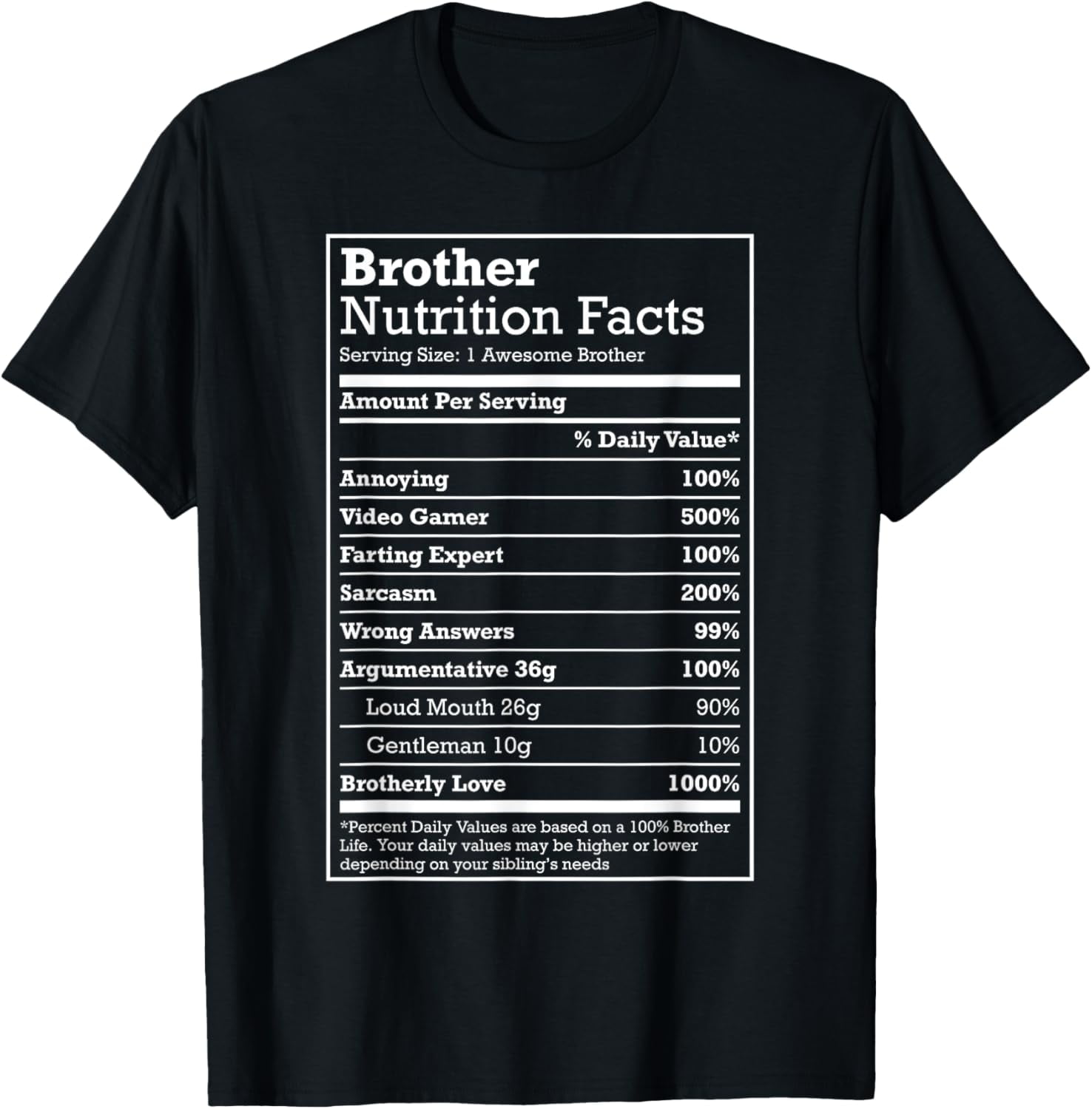 Annoying Brother Fun Nutritional Facts Funny Family Bro Gift T-Shirt ...