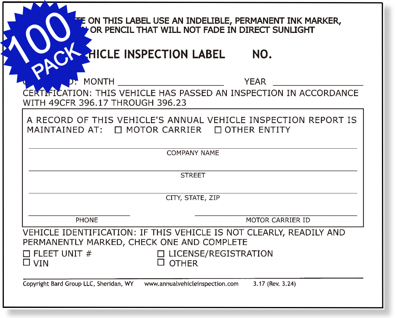 Annual Vehicle Inspection Label. 2-Ply Laminated Sticker. 100-PACK ...