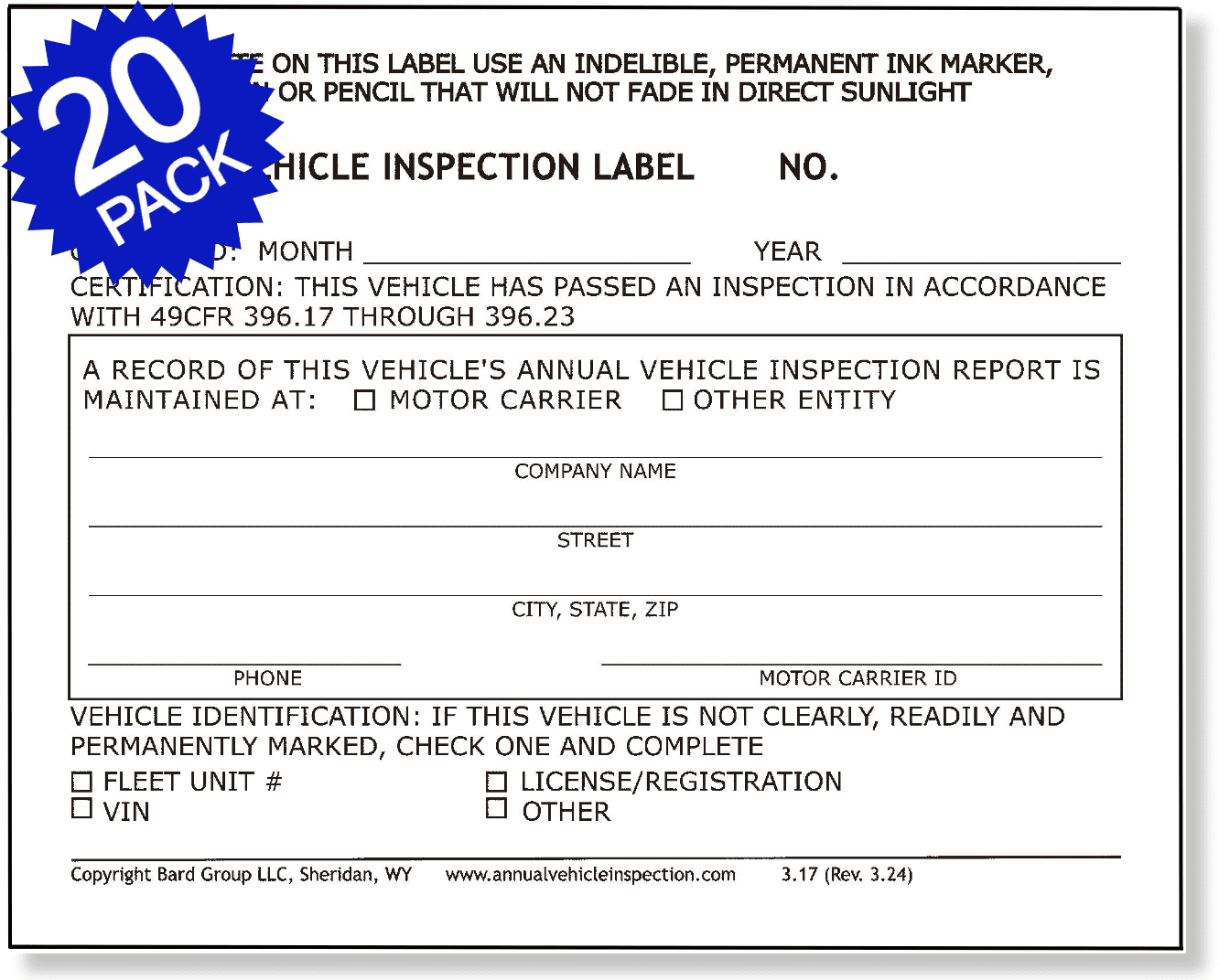 Annual Vehicle Inspection Label. 2-Ply Laminated Sticker. 20-PACK ...