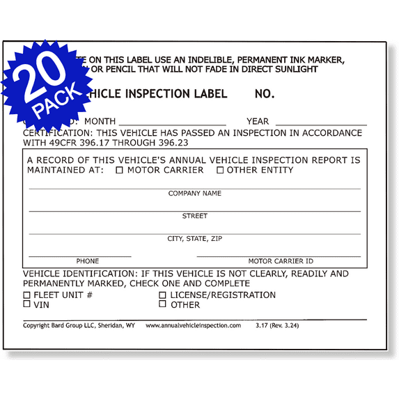 Annual Vehicle Inspection Label. 2-Ply Laminated Sticker. 20-PACK ...