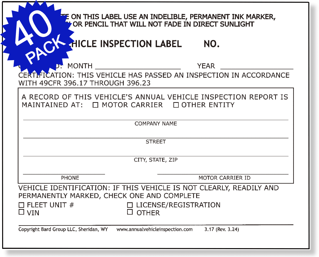 Annual Vehicle Inspection Label. 2-Ply Laminated Sticker. 40-PACK ...