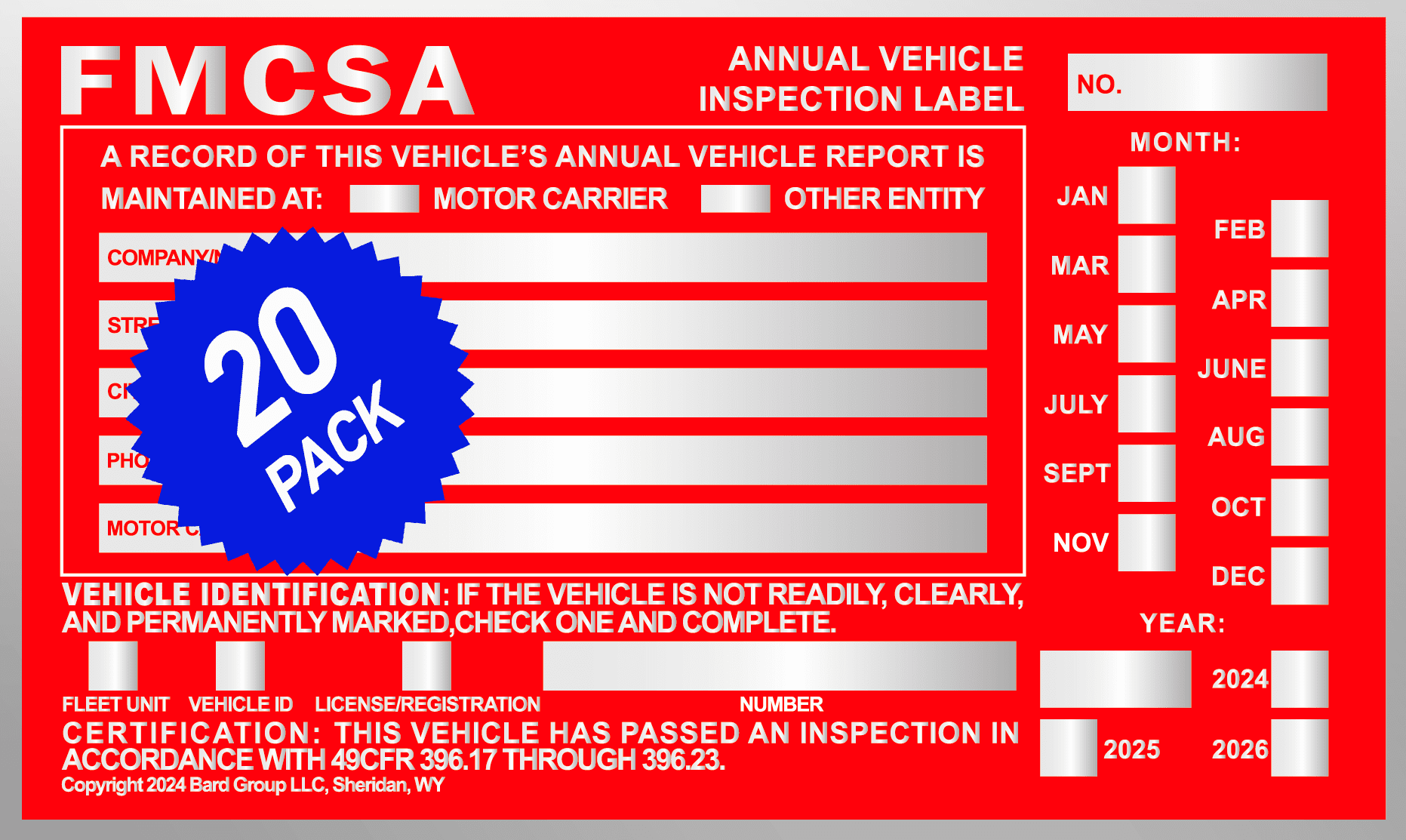 Annual Vehicle Inspection Label Aluminum with Punch Boxes, 20-PACK. Red ...