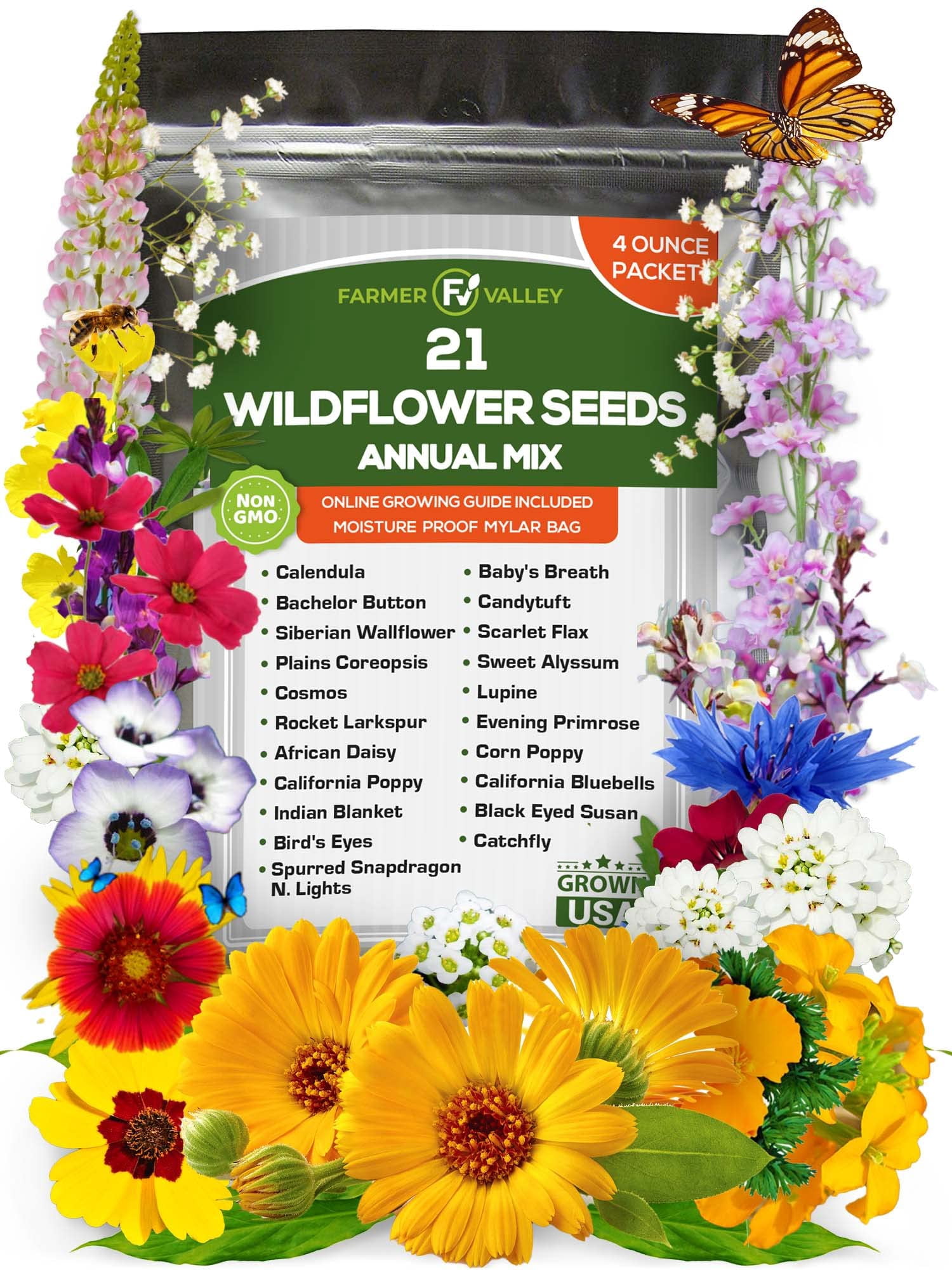 Annual Wildflower Seeds AJH3 Mix to Attract Pollinators, Butterflies ...