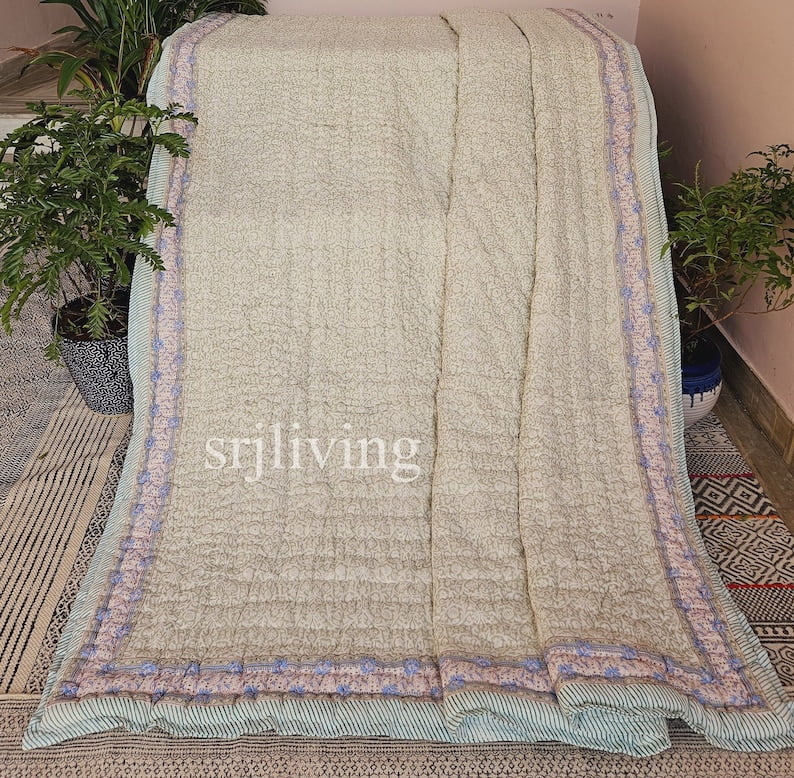 Indian Cotton Handmade Quilted Razai Floral Hand Block Print Winter ...